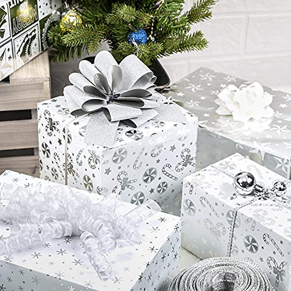 WRAPAHOLIC Christmas Wrapping Paper Roll - Silver Snowflakes, Candy Cane Holiday Collection with Metallic Foil Shine - 4 Rolls - 30 Inch X 120 Inch Per Roll