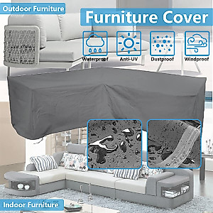 COOSOO Patio V Shape Sofa Cover Sectional Waterproof Corner Sofa Cover Outdoor Dust-Proof Anti-UV Furniture Couch Cover for Lawn Garden Yard Indoor with Windproof Buckle Extra Large Grey