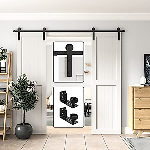 WINSOON Sliding Barn Door Hardware Double Door 12ft Track Kit with Black Sliding Barn Door Floor Guide Wall Mounted Hardware for Flush Bottom Adjustable Stay Rollers, Set of 2,8 Setup Options