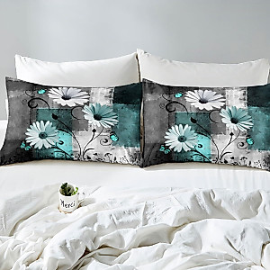 Flowers Geometric Full Size Fitted Sheet,Green Grey Black Square Print Soft Luxury Bedding Set,3D Floral Abstract Art Graffiti Bed Cover All Round Elastic Pocket with 2 Pillowcases