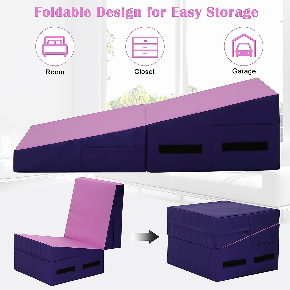 Pink Incline Gymnastics Mat Foldding Gymnastic Tumbling Mat with Handle, Cheese Wedge Gymnastics Tumbling Mat Home Gym Yoga Mat for Women Kids Play, Home Exercise, Aerobics, Gymnastics Training