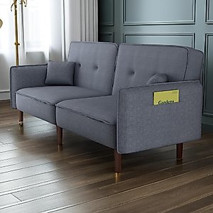 OTRIEK 75" Convertible Futon Sofa Bed with 2 Pillows and Storage Pockets, Modern Upholstered Couch Sleeper Sofa Folding Lounge for Living Room Small Space Apartment (Grey)