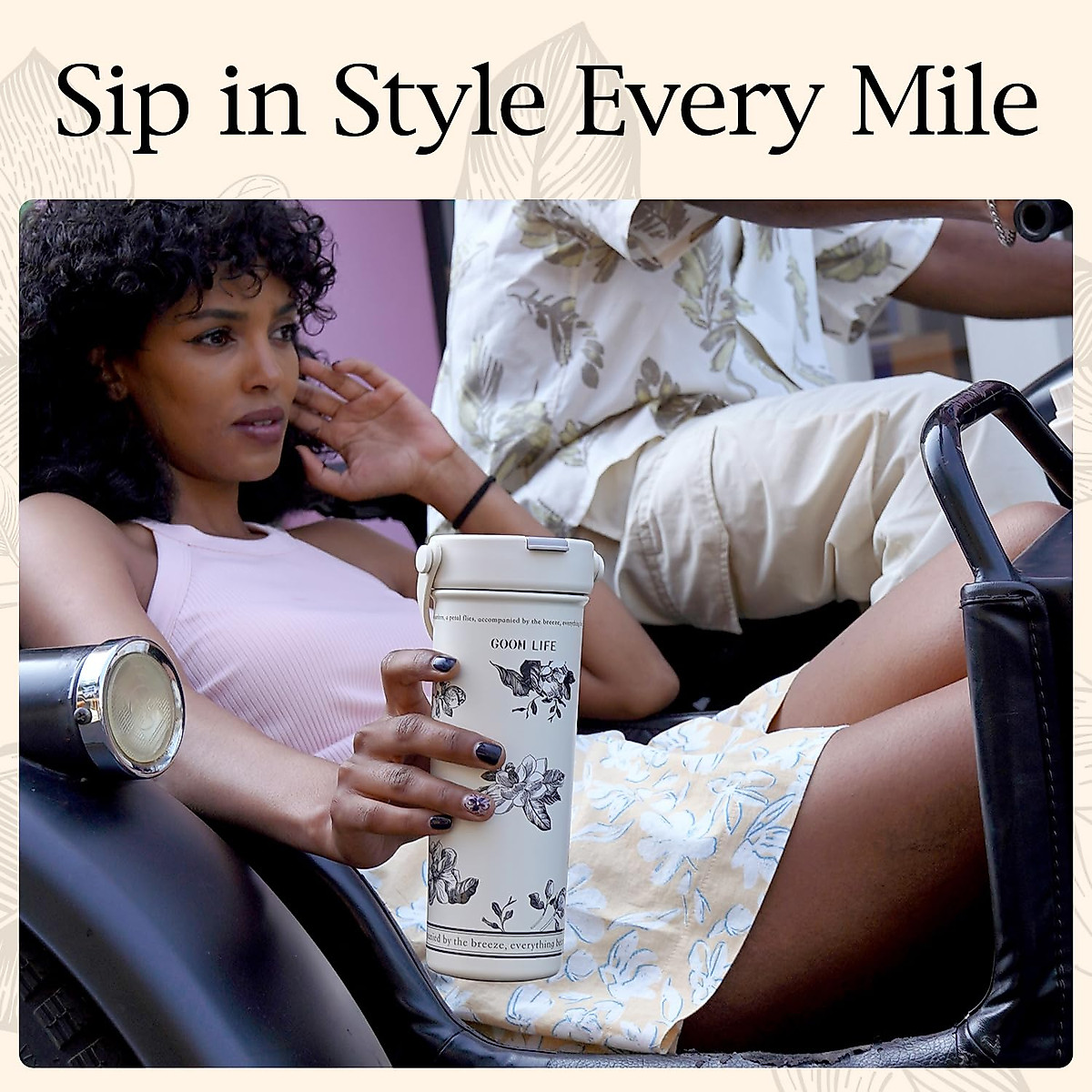 GOOM Graffiti 20oz Tumbler with Lid and Straw,Spill Proof Tumbler with Flip Straw and Top Handle,Tea Infuser,6-Layer Insulation 18/10 Stainless Steel,Cold for 24 Hours,Hot for 12 Hours - Floral White