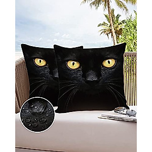 Pack of 2 Outdoor Waterproof Pillow Covers Black Cat Face Decorative Garden Cushion Case Yellow Eyes Throw Pillow Covers for Patio Furniture Couch Sofa, 16x16inch