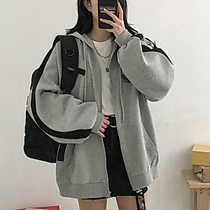 WMZJSZHY Womens Oversized Zip Up Hoodie Y2K Casual Long Sleeve Black Hooded Sweatshirt 90s Solid Zipper Jacket Cute Top for Teen Girls