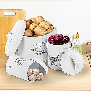 Frcctre Set of 3 Potato and Onion Storage Canisters, Potato, Onion, Garlic Kitchen Storage Bin With Lids, Metal Vegetable Keeper Storage Bins Set with Aerating Holes for Pantry Organization