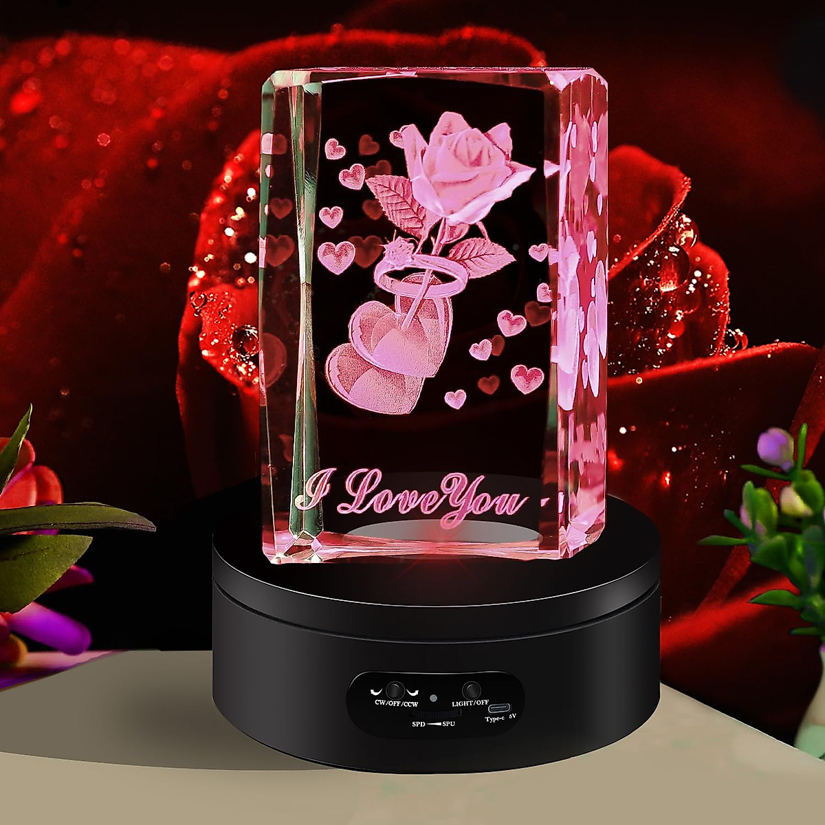 YVV LED Rotating Display Stand, Lighted Base- Crystal Glass Art, 360 Degree Automatic Mute Rotating Turntable, Motorized Display Stand with Colorful Lights, Tumbler Supplies Spinner 4.72in