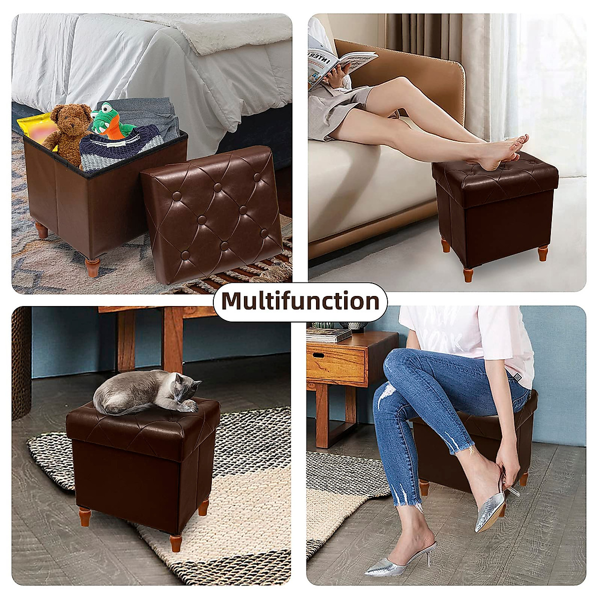 CAROLMADE Folding Storage Ottoman Cube PU Leather Footstool with Wood Legs Toy Storage for Living Room and Bedroom Brown, 15"x12.6"x15.4”