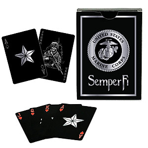 Marine Corps Playing Cards and Dice Set – Black Leather Keepsake Box, Playing Cards with USMC Rank Insignia, EGA Dice
