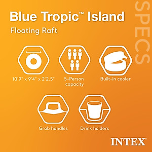 Intex Blue Tropic Inflatable 5 Person Raft or Swimming Pool Island Water Floating Lounger Raft with Backrests, Built in Cooler, and 4 Cupholders