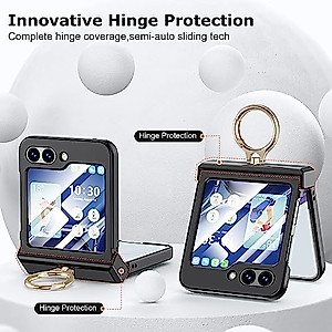 Compatible with Galaxy Z Flip 5 Case (Built-in Back Screen Protector) with Hinge Protection & Ring Kickstand, Slim and Thin Protective Case Cover for Samsung Z Flip 5 5G (Black)