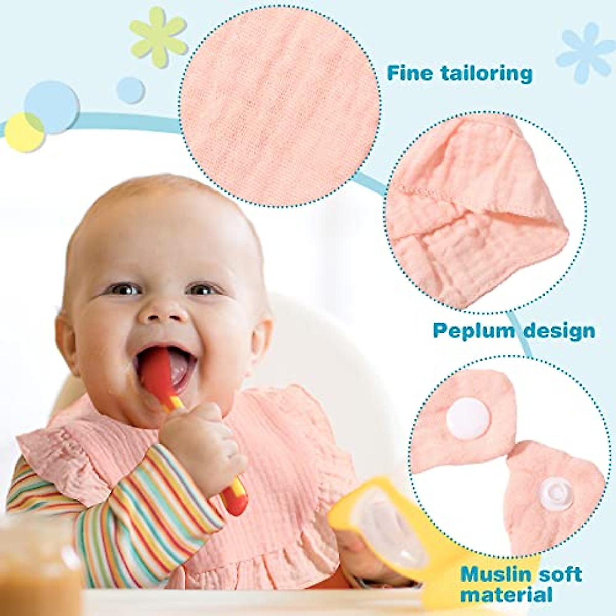 10 Pcs Lace Muslin Baby Bibs Bandana Drool Bib 9 x 10 Inch Burp Cloths 6 Absorbent Layers Bibs for Newborn Unisex (Light Color)