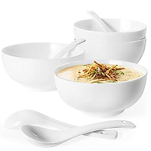 Artena Asian Soup Bowls with Spoons Set of 4, 26 oz Pasta, Ramen, Pho Bowls and Soup Spoons Set, Advanced Porcelain Elegant White Cereal Bowls for Kitchen, Dishwasher Microwave Oven Safe Bowls