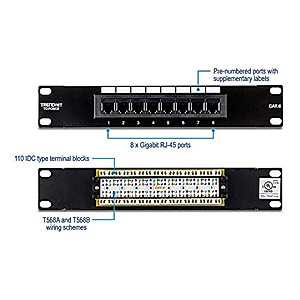 TRENDnet 8-Port Cat6 Unshielded Patch Panel, TC-P08C6, Rackmount, 10 Inch Wide, 8 x Gigabit RJ-45 Ethernet Ports, Pre-Numbered Ports, 250 Mhz Connection, Color Coded Labeling,