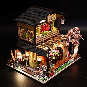 SYW DIY Miniature Dollhouse Kit with Furniture and LED Light，Japanese Sushi Shop Wooden Dollhouse, 1:24 Scale Creative Doll House Toys for Teen