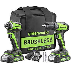 Greenworks 24V Brushless Cordless Drill and Impact Driver,Power Tool Combo Kit Included 1/2”Drill & 1/4”Hex Impact Driver and (2) Batteries, Fast Charger, 2 pcs Drill Bit Set & Bag