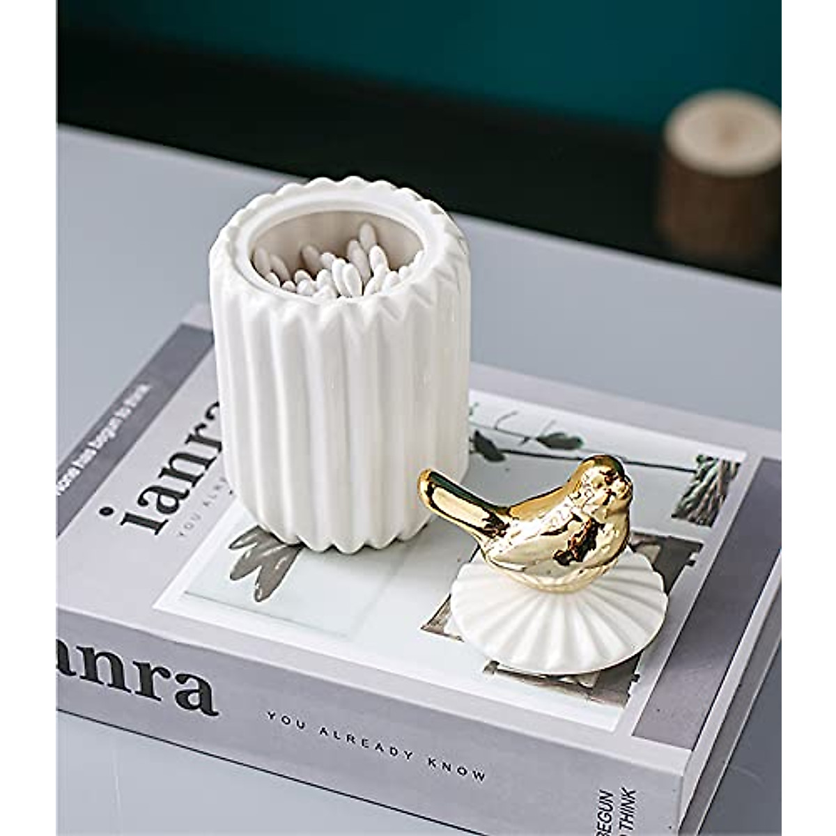Komkommax Cotton Swab Holder Qtip, Q-Tips Container with Lid, Ceramics Cotton Ball Canister Canister Toothpick Holder Dispenser for Vanity Dresser Counter Bathroom (Bird)
