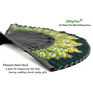 OMyTea Hand Held Folding Fan for Women Peacock Chinese Japanese Oriental Asian Style - for Wedding, Dancing, Church, Party, Gifts (Green)