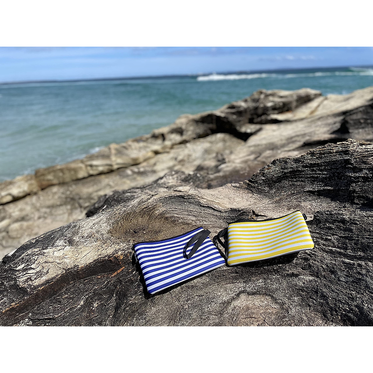 Scout + Ochre Neoprene Swimsuit Bag Pouch with Zipper - Waterproof Wet Bag for Swimwear, Diapers, Cosmetics, Travel Toiletries - great for Beach, Pool, Strollers, Gym - 11.5x8in (Yellow White Stripe)