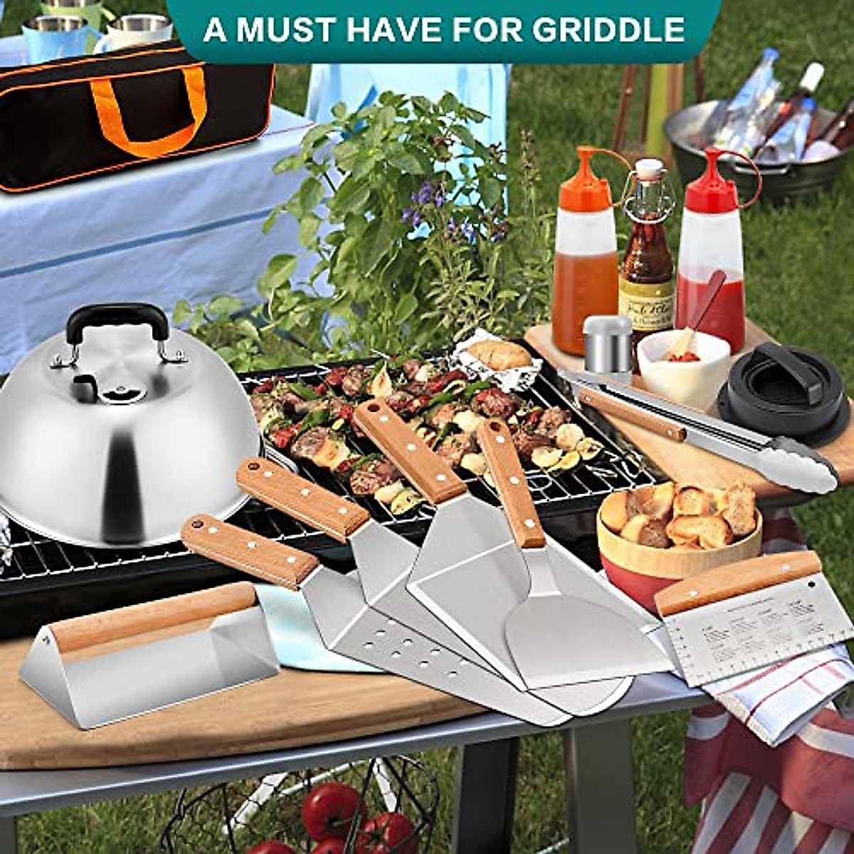 Leonyo 26 Piece Griddle Accessories, Flat Top Grill Accessories Stainless Steel Griddle Spatula with Metal Scraper, Burger Press, Melting Dome, BBQ Grilling Tools for Outdoor Kitchen Hibachi Grill