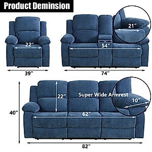 SIENWIEY Blue Linen Fabric Reclining Sofa for Living Room Furniture, Double Recliner Loveseat 2 Seats Couch with Storage Console/Two Cup Holders/Linen Fabric