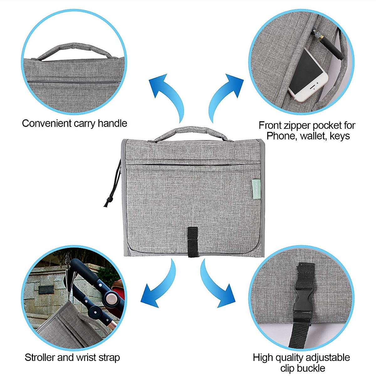 Baby Portable Changing Pad, VHOPMORE Detachable Waterproof Changing Mat with Head Cushion and Pockets, Baby Travel Diaper Bag Changing Station Kit Baby Shower Gift for Newborn Boy & Girl