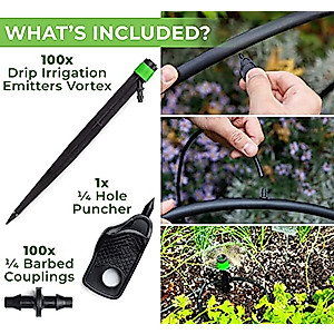 CARPATHEN 100 Drip Irrigation Emitters Vortex - Drip Irrigation Parts for Irrigation Kit - ¼ inch Irrigation Tubing Compatible - 360 deg Adjustable Fan Sprayer for Raised Garden Bed, Potted Plants