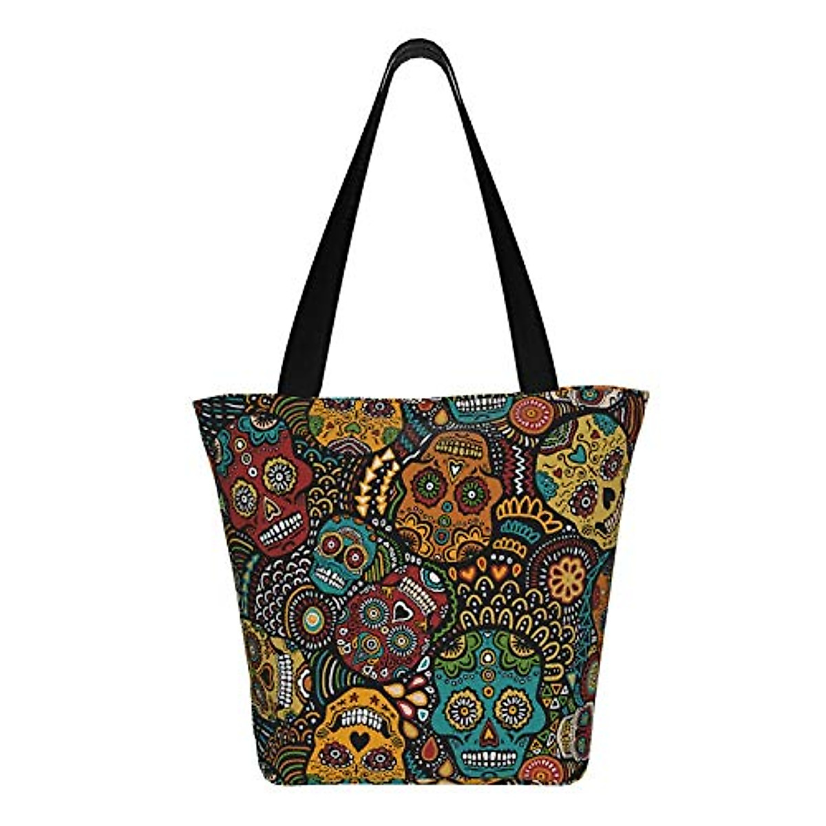 antkondnm Mexican Sugar Skulls Tote Bags Shoulder Bag with Zipper for Women Reusable Shoppers Tote…
