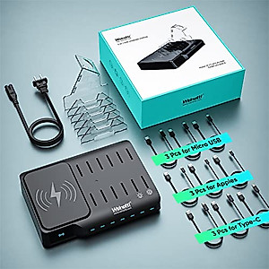 Charging Station Organizer for Multiple Devices，Welnotti 7-Ports USB Fast Charger Ports Wireless Charge Compatible with Cell Phone,iPad,iWatch,Tablets,for Home (Black)