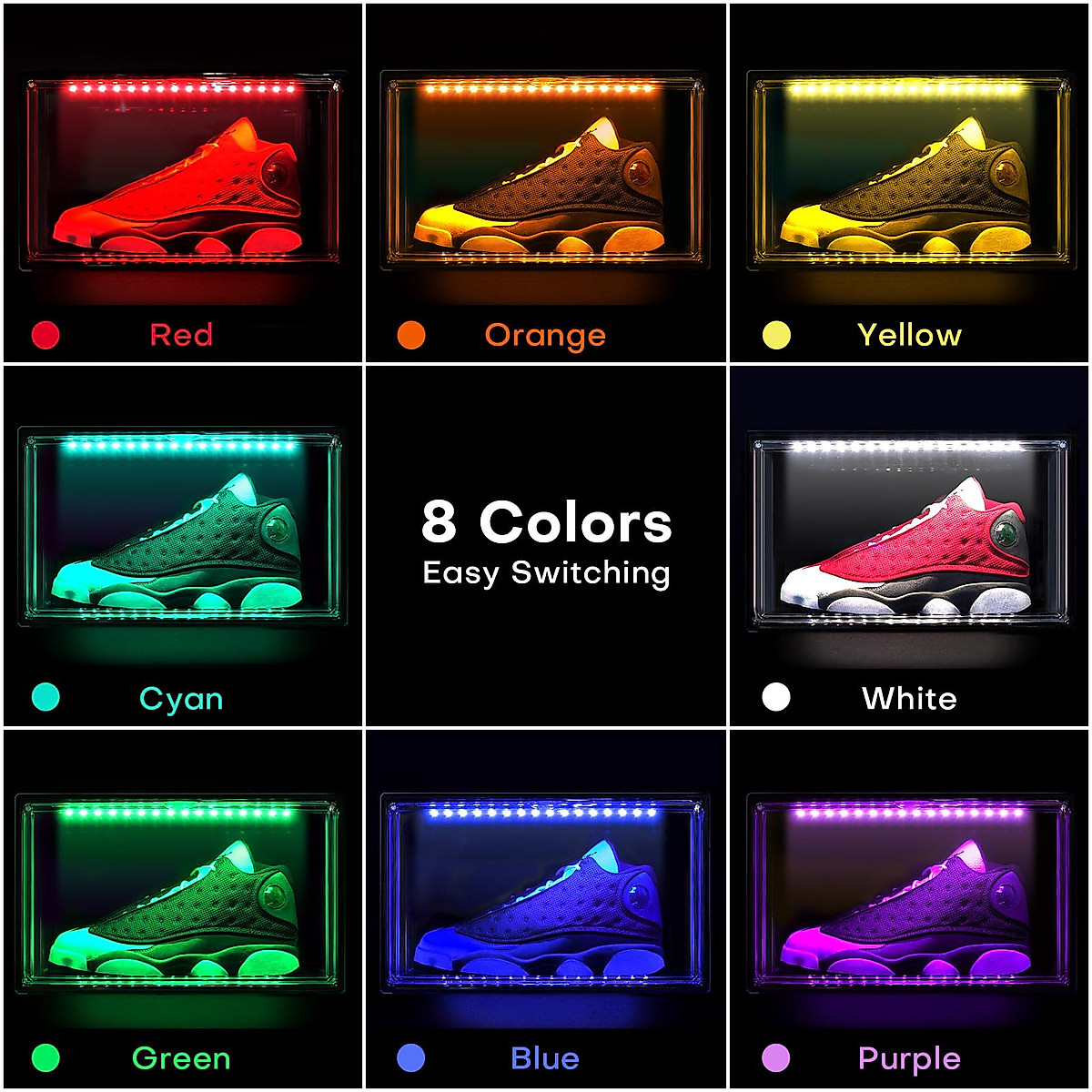 Shoe Storage Organizer for Closet, Foldable Shoe Boxes Rack 2 Pack, Clear Plastic Stackable Containers Bins Holder, Magnetic Sneaker Shelf for Sneakerheads with LED Lights (Black)