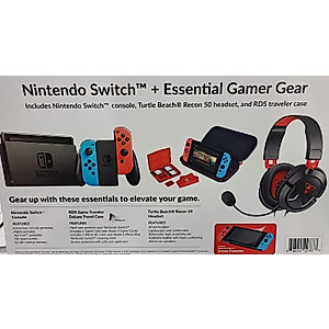Nintendo Switch Console + Essential Gamer Gear Bundle with RDS Game Traveler Deluxe Travel Case and Turtle Beach Recon 50 Headset (US Warranty, 64GB SD Card Bundle, Neon)