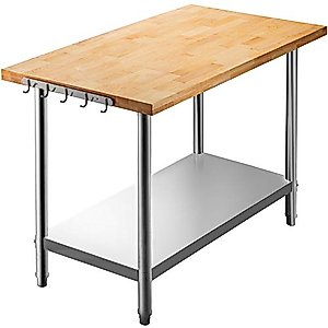 VEVOR Maple Top Work Table, 48x24 Inches, Stainless Steel Wood Kitchen Prep Table with 937 LBS Load Bearing, Kitchen Island Table with Lower Shelf and Adjustable Feet, Outdoor Prep Table for Kitchen