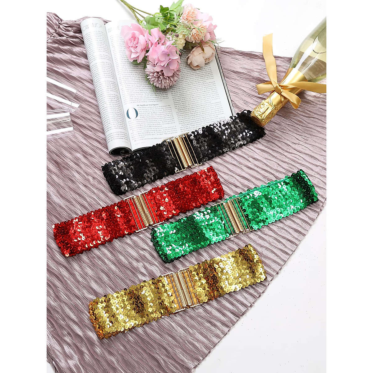 Allegra K Ladies Shinny Wide Waist Belts Interlock Buckles Sequins Decor Stretchy Belts for Women 2PCS 60cm/23.62" Orange