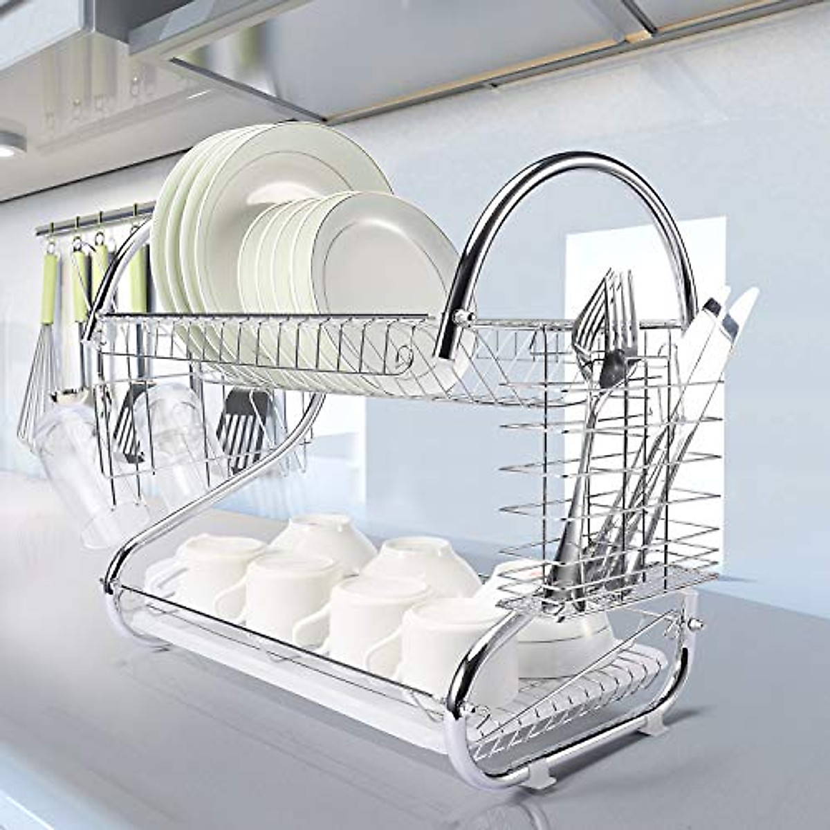 Glotoch 2-Tier Full Sized Dish Drying Rack with Utensil Holder and Cup Holder with Dish Water Drain Board Tray Rustproof Chrome Plating 16.5 x 10 x 15 Inches Storage Space Saving Kitchen Organizer