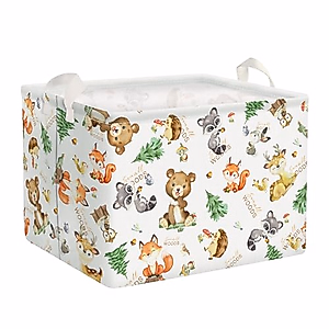 Clastyle Cute Woodland Animals Shelf Basket Bear Fox Squirrel Fir Tree for Nursery Storage Bin Rectangle Clothes Books Toy Storage Cube, 36L