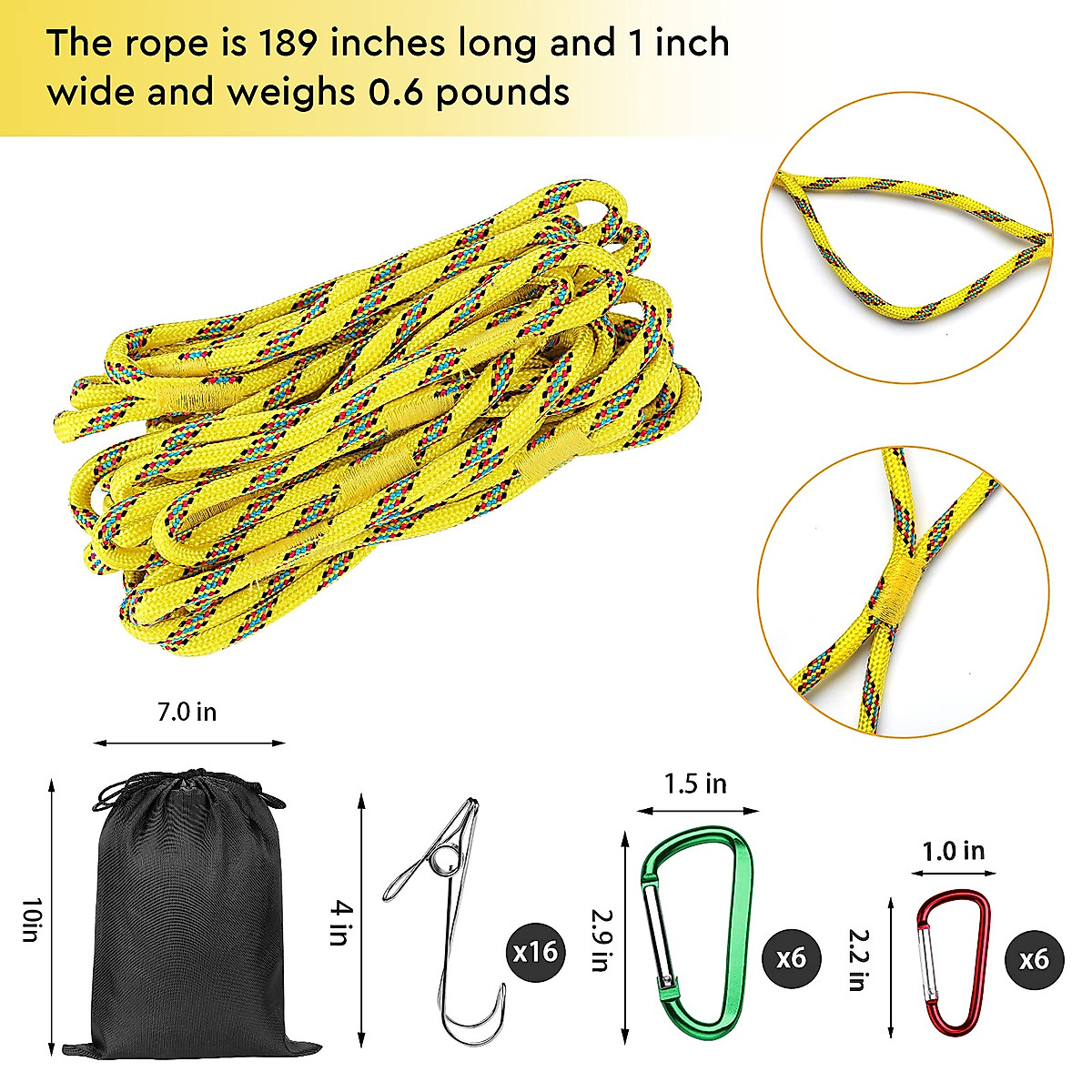 Campsite Storage Strap Camping Accessories, Outdoor Equipment Tent Lanyard Travel Hanger Clothesline Camping Essentials with 12 Ring Buckle & 6 Clothes Pins for Camper Family RV Trailer Hanging Gear
