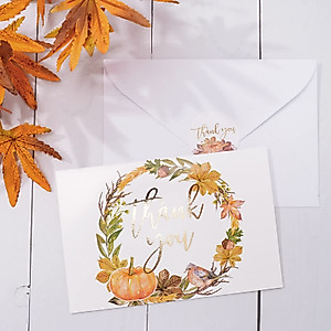 AnyDesign 30 Pack Fall Gold Foil Thank You Cards Bulk Watercolor Maple Leaves Pumpkin Greeting Cards with Envelopes Stickers Blank Note Cards for Autumn Thanksgiving Baby Shower