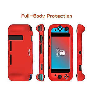 Teyomi Protective Silicone Case for Nintendo Switch, Grip Cover with Tempered Glass Screen Protector, 2 Storage Slots for Game Cards, Shock-Absorption & Anti-Scratch (Red)