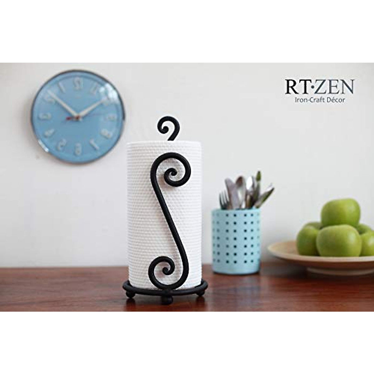 Fancy Paper Towel Holder Stand | Black Stylish Wrought Iron | Classic Decorative Countertop Authentic Rod Metal Hand Forged Stand Up Holder | Handmade Crafted by RTZEN-Décor