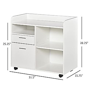 Vinsetto Filing Cabinet Printer Stand Mobile Lateral File Cabinet with 2 Drawers, 3 Open Storage Shelves for Home Office Organization, White