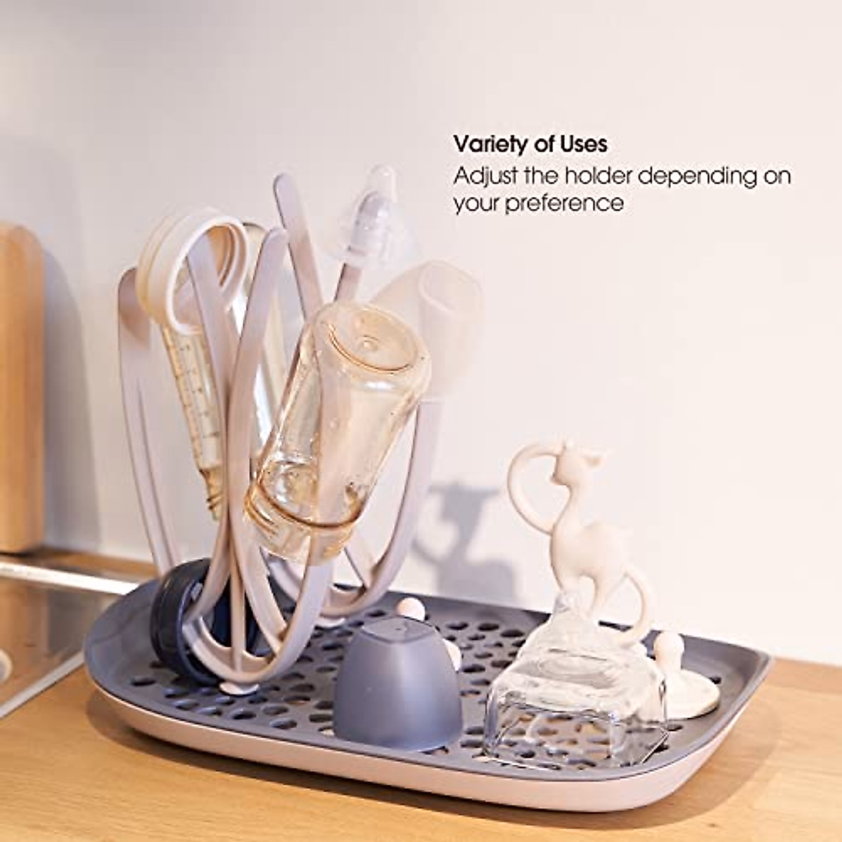 MOTHER-K Baby Bottle Drying Rack with Tray, Adjustable Holder for Baby Bottles, Pacifier and Pump Parts (Beige)