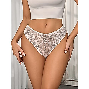 SweatyRocks Women's Lingerie Floral Lace Sheer Mesh Cut Out Thong Panties Underwear Plain White L