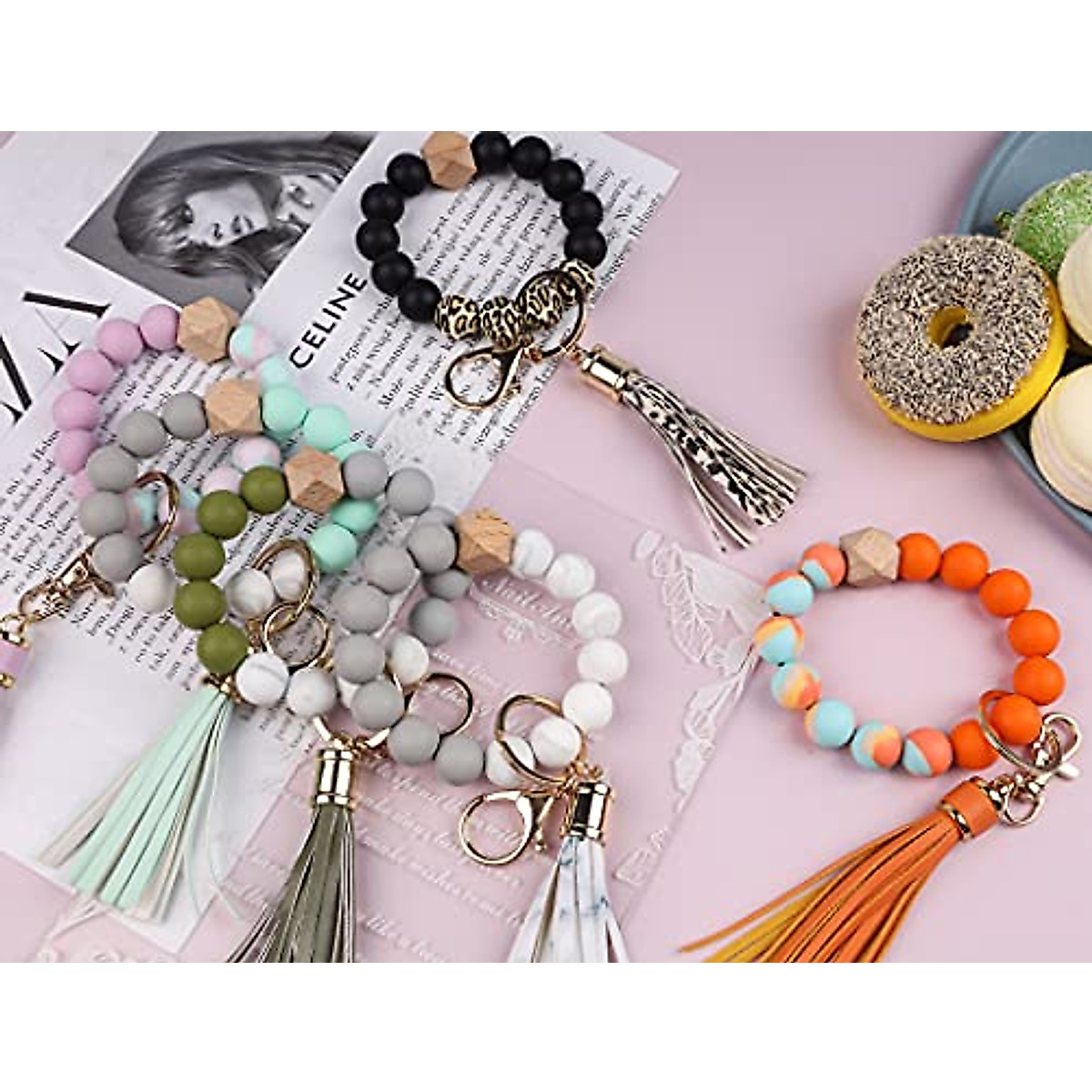 GIEMSON Silicone Key Ring Bracelets Wristlet Keychain Car Beaded Key Ring Bangle Chains for Women