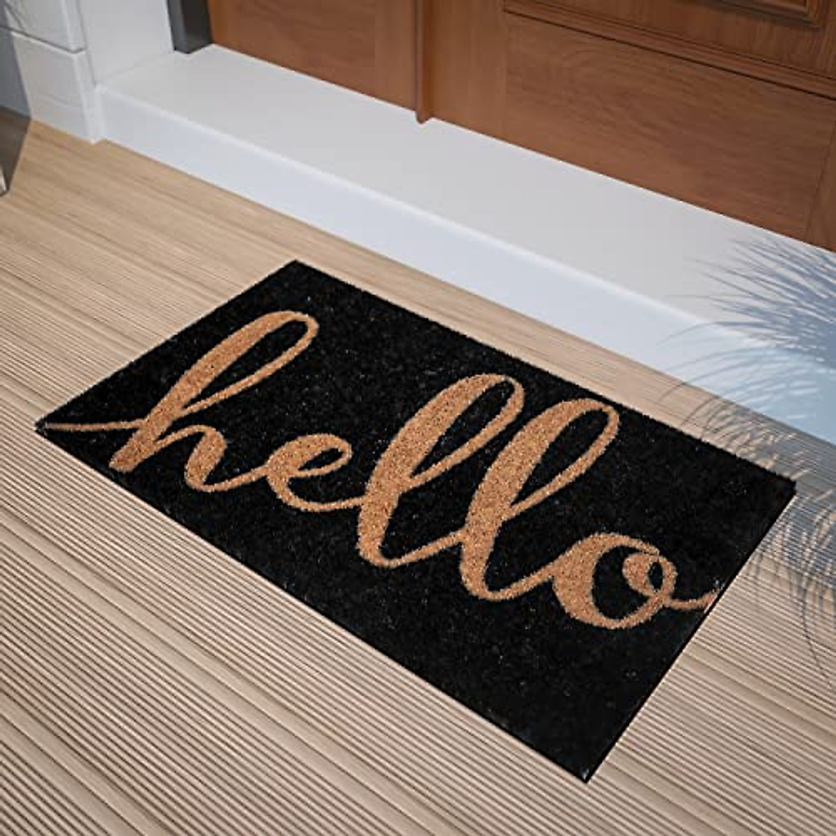 Flash Furniture Harbold Indoor/Outdoor Coir Doormat - Black Background with Natural Hello Message - 18" x 30" - Non-Slip Backing