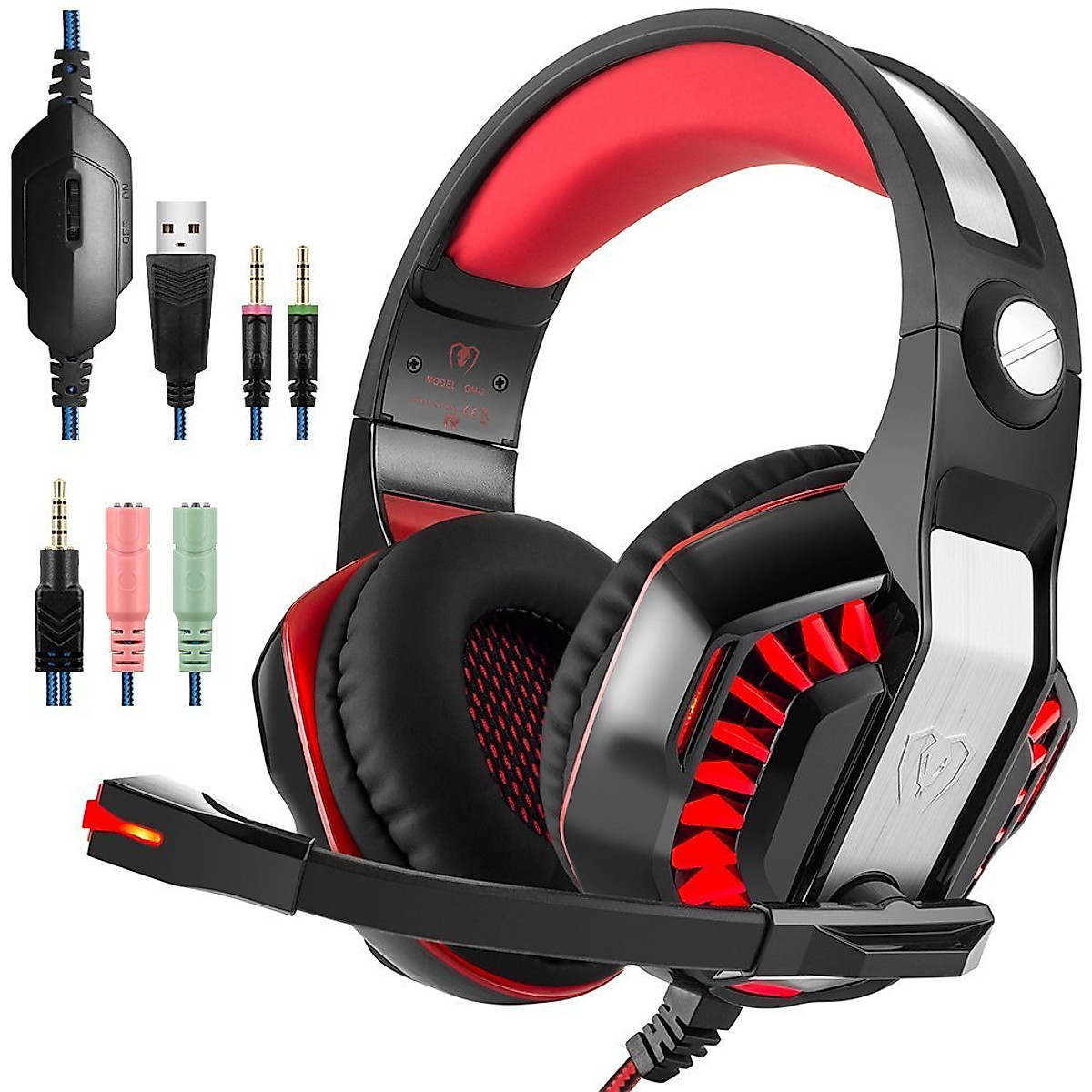 Gaming Headset with Microphone, IKOCO GM-2 3.5mm Surround Stereo Over Ear Headband Computer Gaming Headphone Noise Isolating Volume Control LED Light for PS4 PC Xbox One & Mobile Phone (Red)