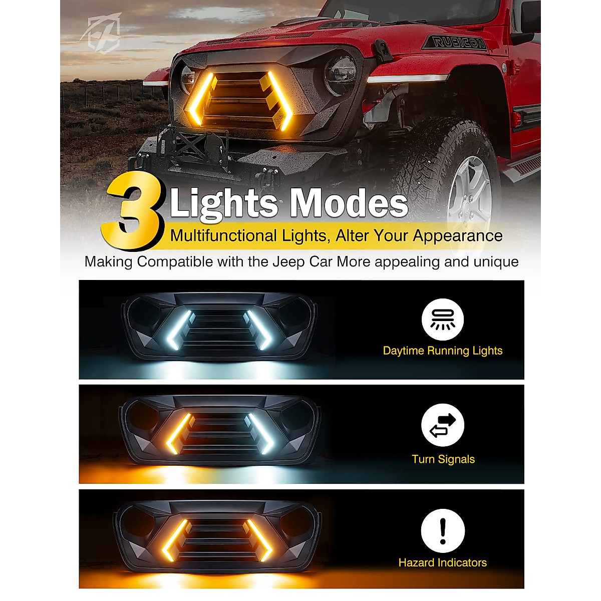 Xprite Front Grille with Turn Signals and Daytime Running Light, Matte Black Grille Compatible with 2018-2024 Jeep Wrangler JL JLU & 2020+ Gladiator JT