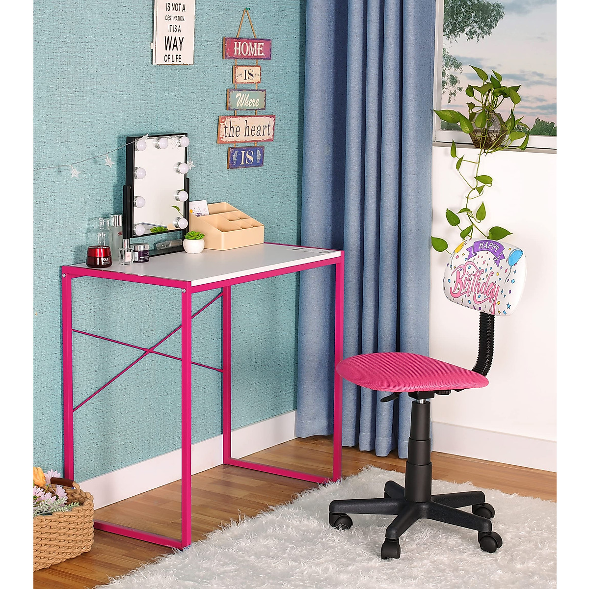 JJS Kids Rolling Drawing Desk Chair, Small Swivel Office Computer Chair for Teens, Low-Back Adjustable Coloring Upholstered Student Task Chair, Pink