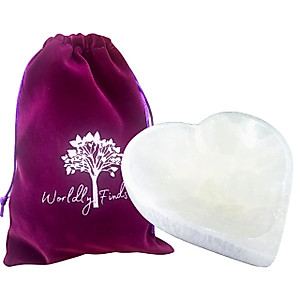 SELENITE Bowl 4"+ Heart Shaped Crystal Bowl, Genuine Hand Carved Large Selenite Moroccan Crystal Holder for Charging, Cleansing Crystals, Healing Stones, Spiritual Gifts, Velvet Bag (4" Heart Bowl)