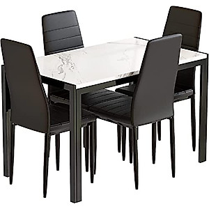 Lamerge Faux Marble Dining Table Set for 4,5 Piece Dining Room Table Set,Rectangular Table and 4 PU Leather Chairs for Living Room,Dining Room,Breakfast Nook,White&Black, (LMDT-wb)