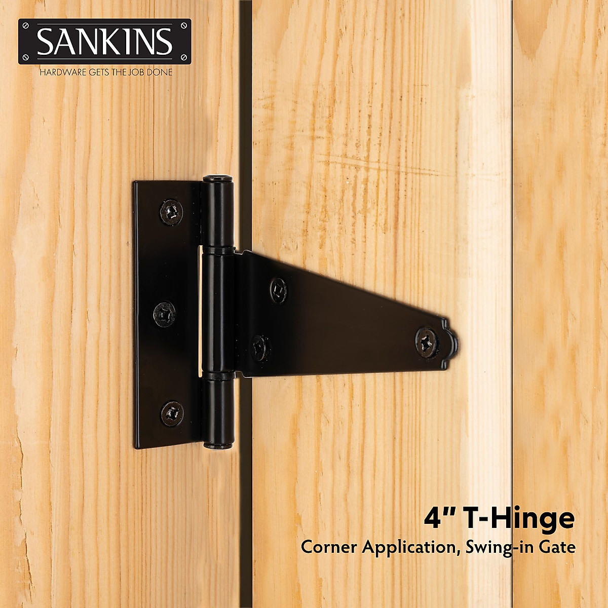 SANKINS 4 Inch T-Strap Shed Door Hinges Heavy Duty, Black Tee Gate Hinges for Wooden Fences, Yard Door, Barn Door Gates, Wrought Hardware Rustproof, 2Pack